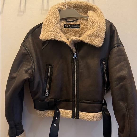 Zara | Jackets & Coats | Zara Dark Brown And Cream Shearling Jacket ...